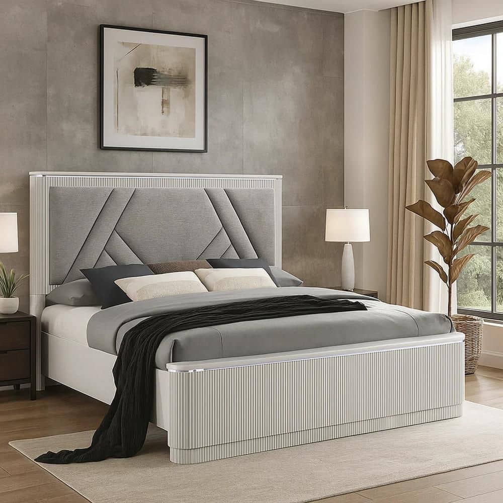 Benjara Alda Gray Wood Frame King Panel Bed with Upholstery Headboard ...