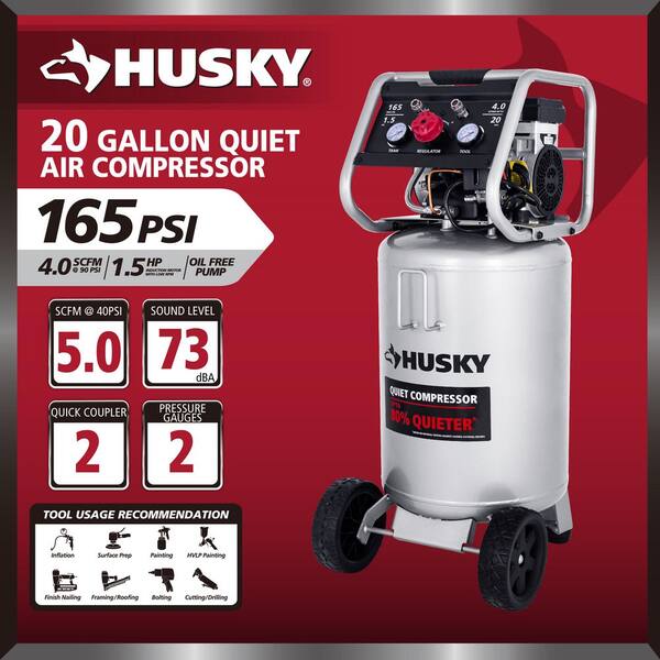 Husky 20 Gal. 165 PSI Vertical Electric Oil-Free Quiet Auto/Workshop ...