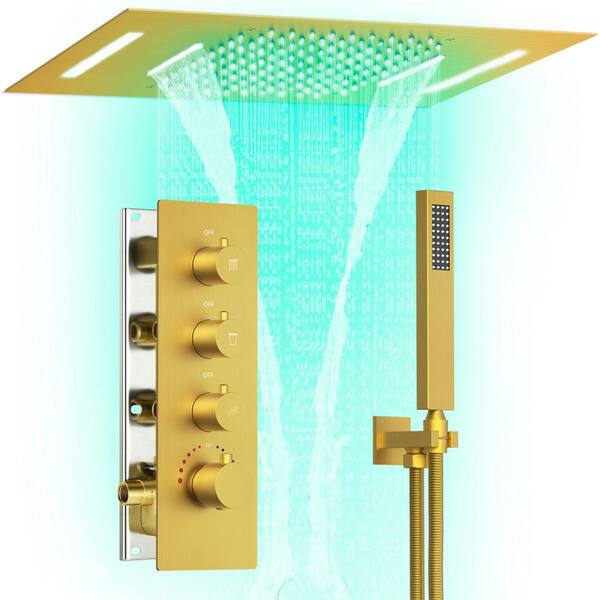 GRANDJOY LED Thermostatic Valve 7-Spray Ceiling Mount 23*15 in. Fixed ...