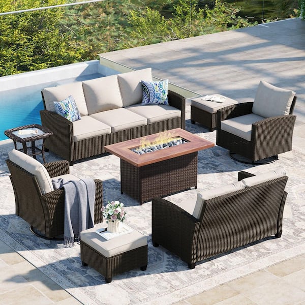 DIFY 8-Piece Wicker Patio Fire Pit Conversation Set with Sofa, Chairs, Ottomans and Beige ...