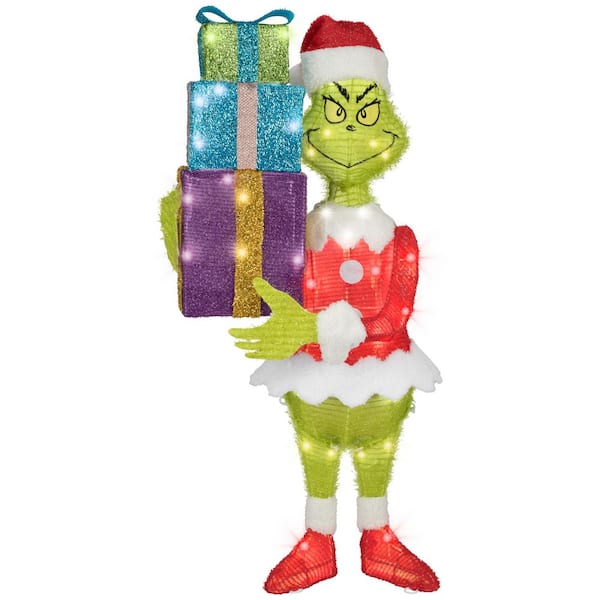 Gemmy 30 in. 3D Lighted Grinch with Present Stack Tinsel Sculpture ...