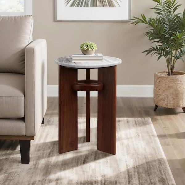 Liv & Skye 16 in. Brown Circle Marble End Table with Slanted Legs 21240 ...
