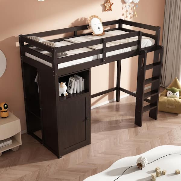 Polibi Espresso Twin Loft Bed with Wardrobe, Storage Shelves and Ladder RS-07641-89E - The Home ...