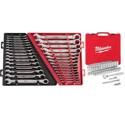 Milwaukee Combination SAE and Metric Wrench Set with 3/8 in. Drive SAE/Metric Ratchet and Socket ...
