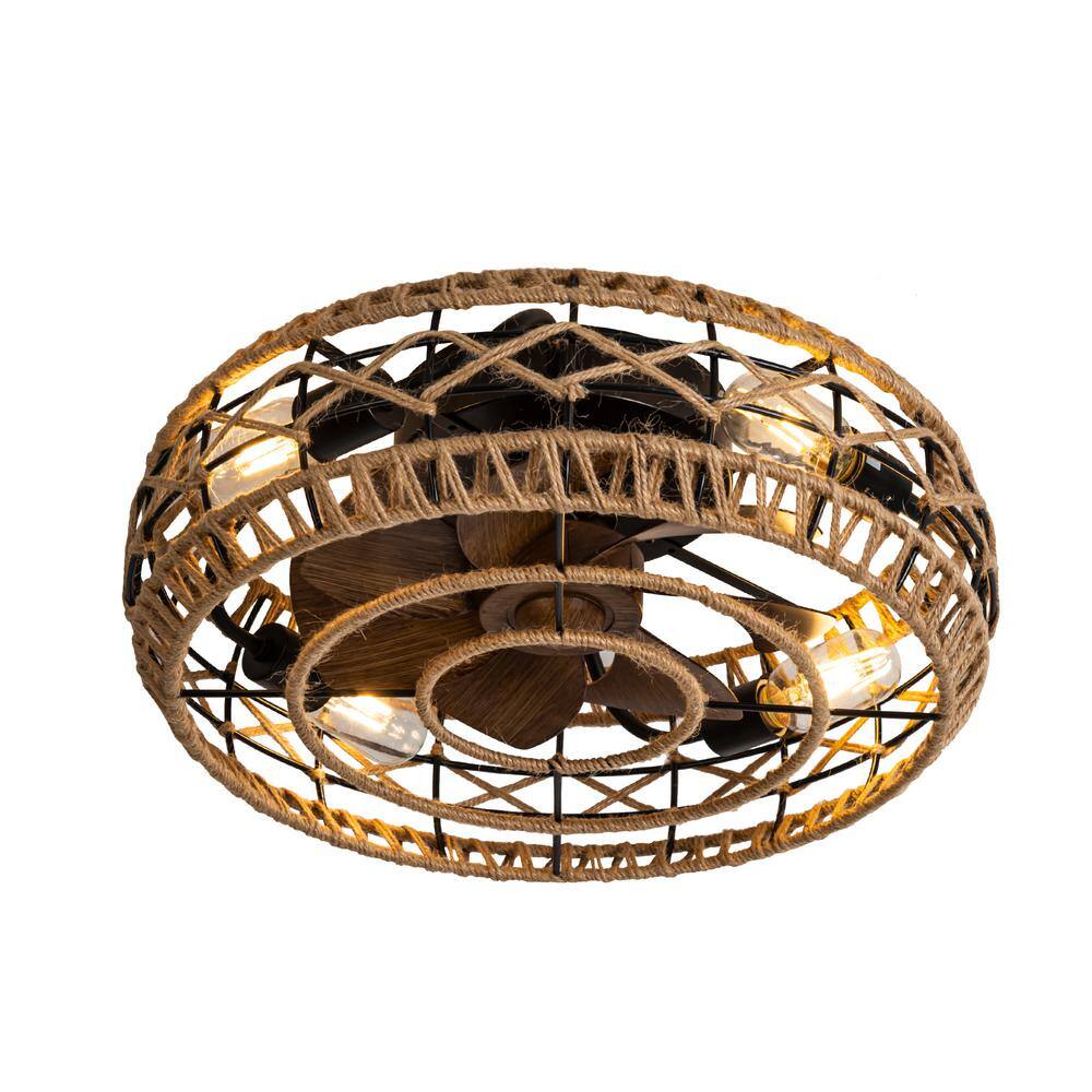 Breezary 19 in. Indoor Black Enclosed Ceiling Fan with Hemp Rope Light ...