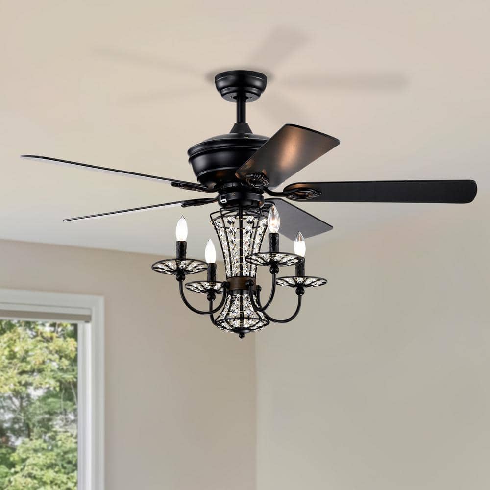Lasaideal 52 in. Indoor Downrod Mount Matte Black Crystal Ceiling Fan ...