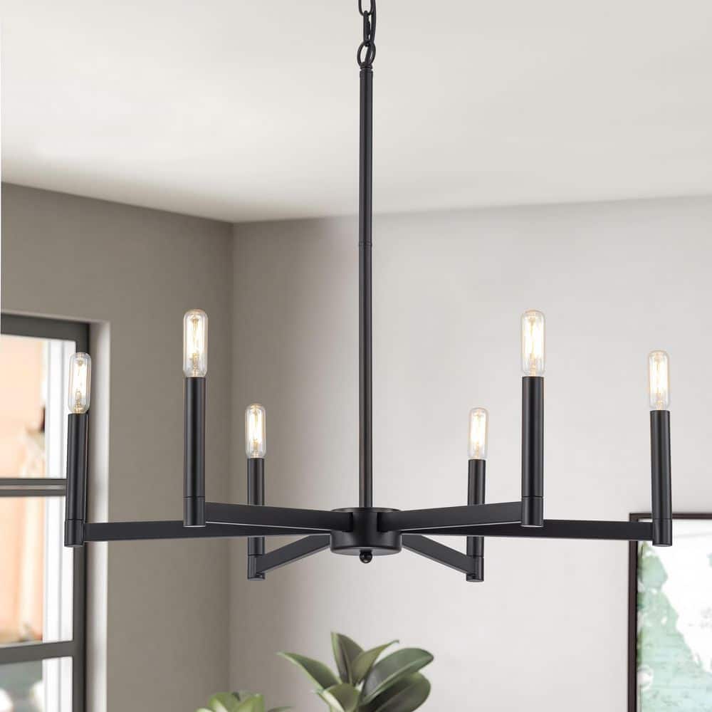 Cendelis 6-Light Black Farmhouse Bare Bulbs Candle Chandelier CH14406BK ...