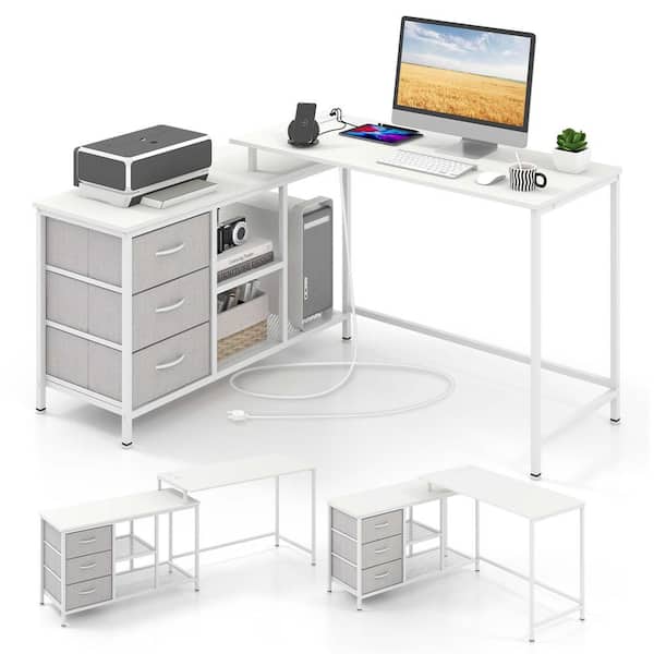 Costway 81 in. Rectangular White Wood 3-Drawer Desk with Power Outlet ...