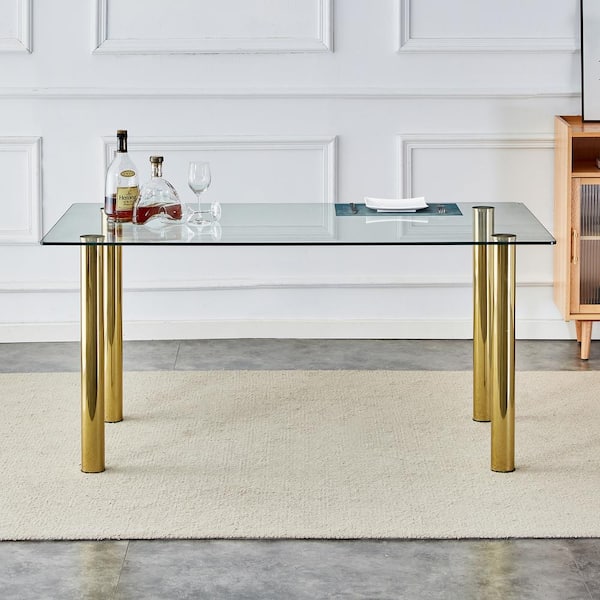 Polibi Modern Rectangle Gold Glass 4 Legs Dining Table (Seats for 6)(63 ...