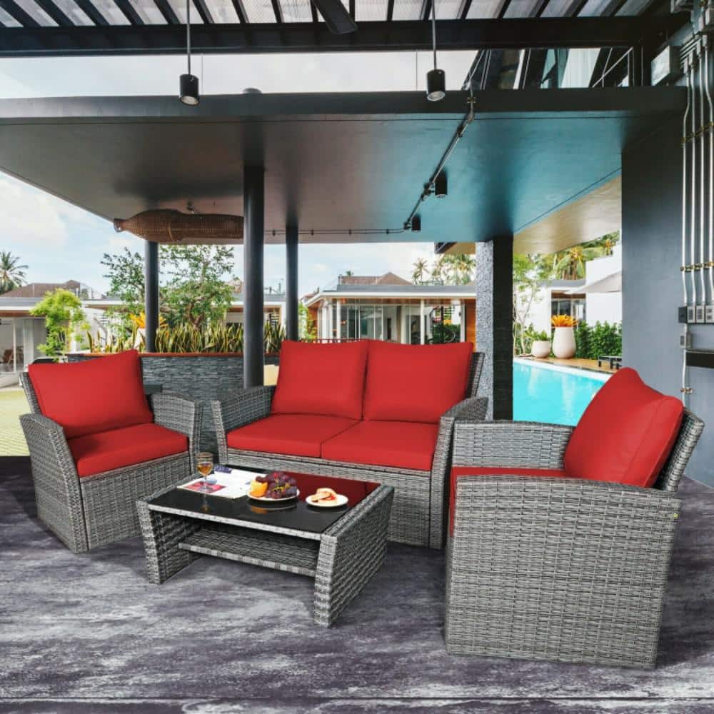 Kadehome 4-Piece Wicker Patio Conversation Set with Red Cushions MO ...