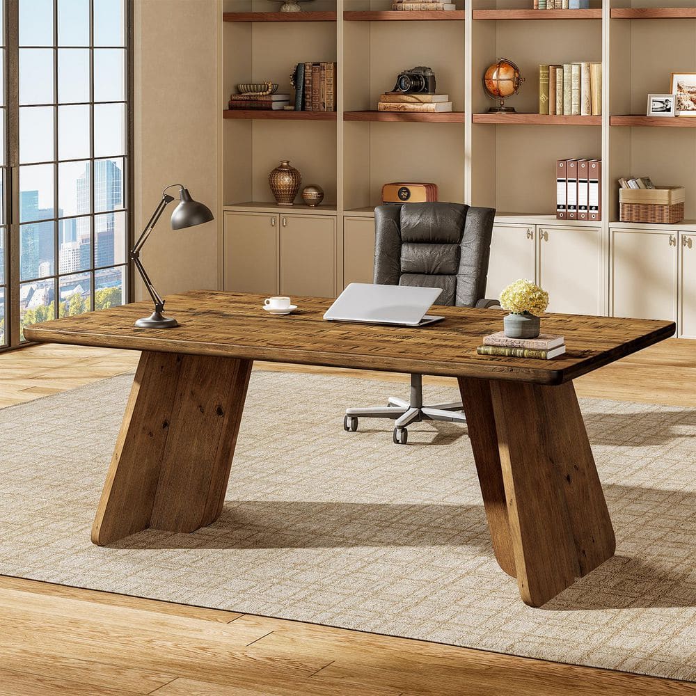 BYBLIGHT Moronia 63 in. Rectangle Brown Solid Wood Office Computer Desk ...