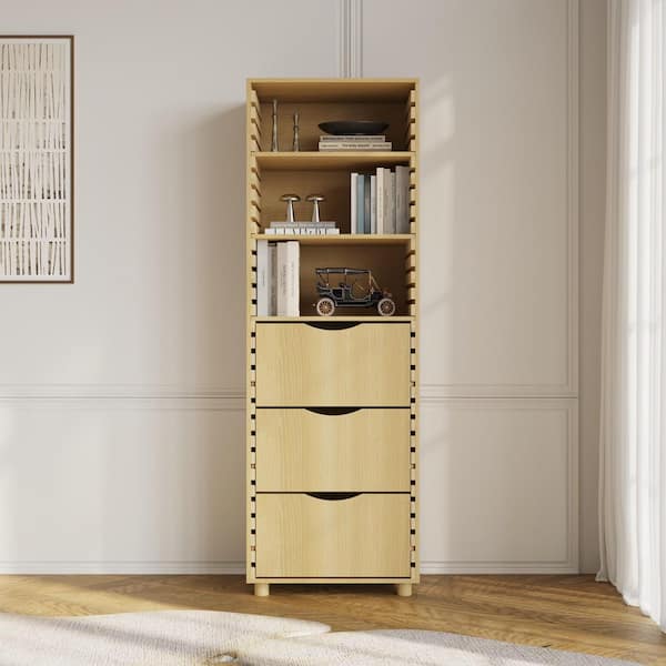FUFU&GAGA 70.9 in. Tall Natural Wood 3-Shelf Accent Bookcase with 3 ...