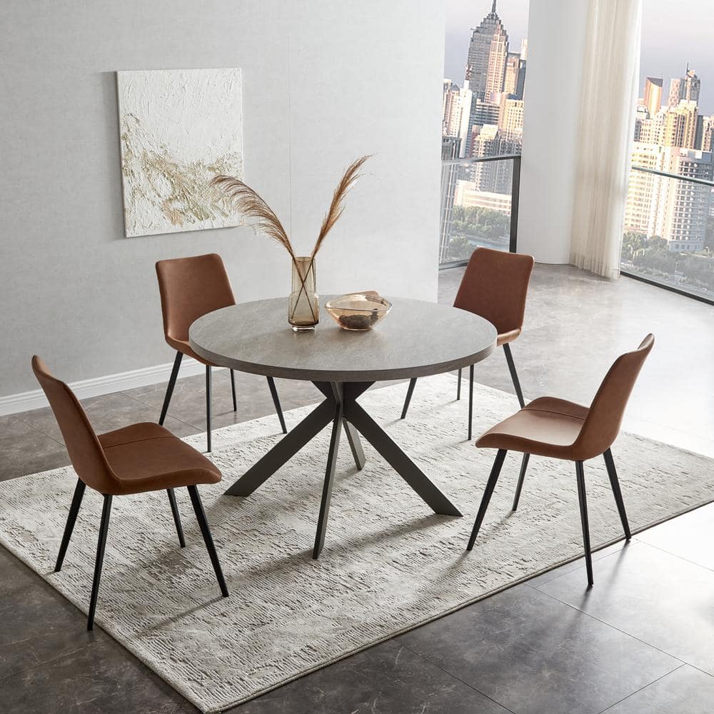 GOJANE 5-Piece Brown Chairs and Round Gray Dining Table, Dining Table Set with Matching 4 PU ...