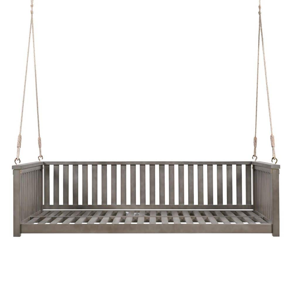 2-Seat Gray Patio Minimalist Twin Size Garden Swing Bed, Wood Porch ...