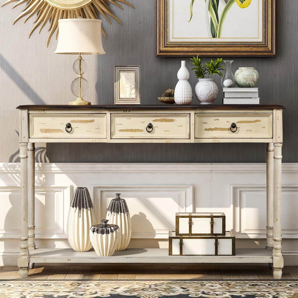 URTR 51 in.Beige Rectangle Wood Console Table Sofa Table with Drawers ...