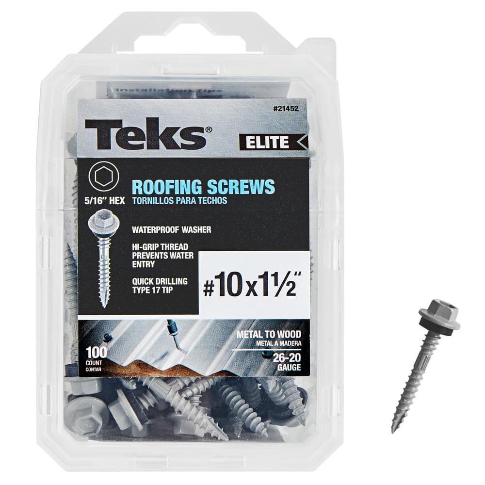 Teks #10 x 1-1/2 in. Steel External Hex Head Washer Sharp Point Elite Sheet Metal Roofing Screws ...