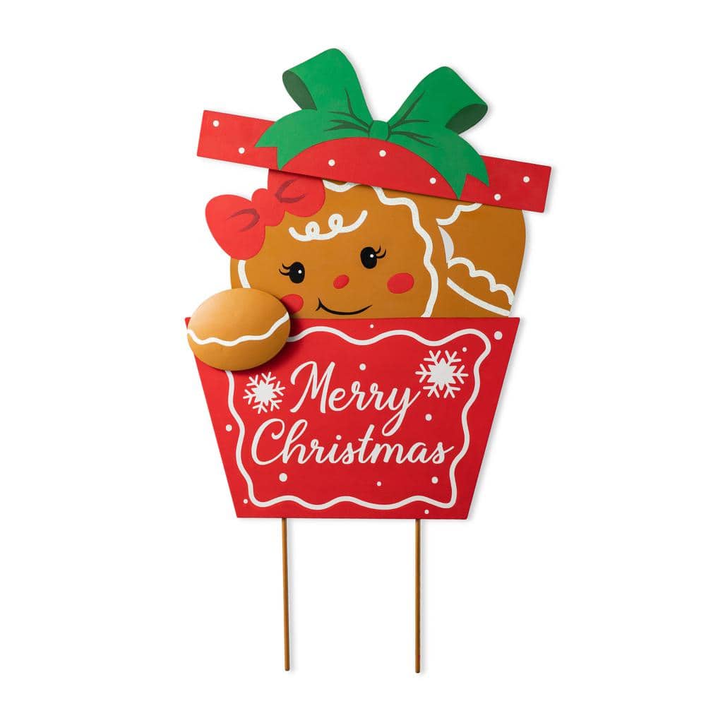 Glitzhome 24 in. H Christmas Metal Gingerbread Giftbox Yard Stake or ...