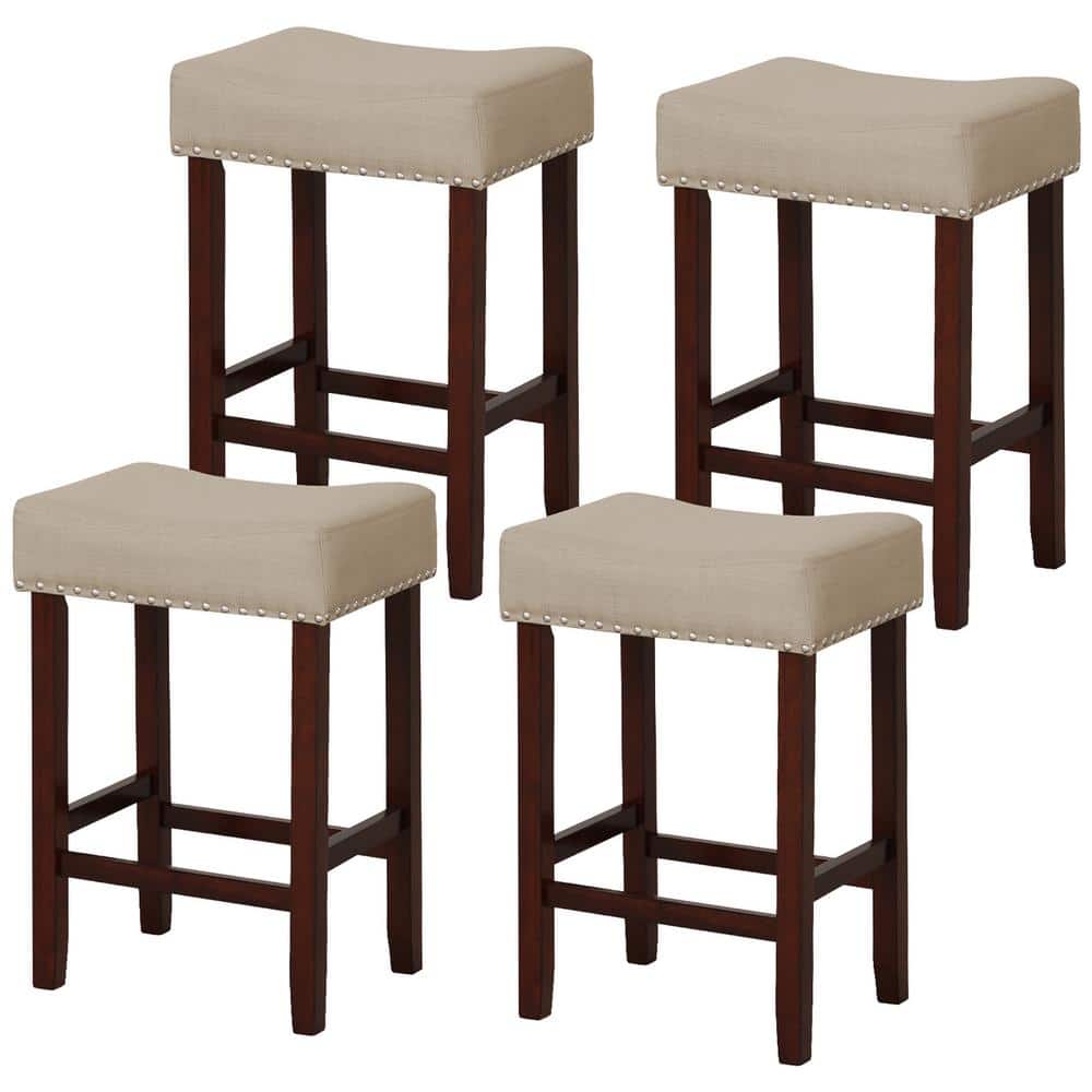 Gymax 25 in. Beige Set of 4 Bar Stools Counter Height Saddle Kitchen ...