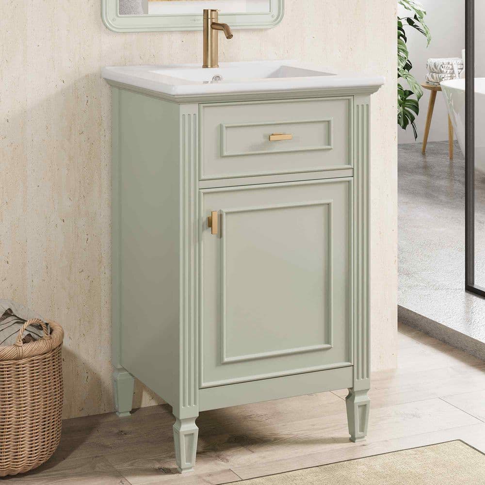 Polibi 20 in. Freestanding Green Bath Vanity with White Ceramic Top ...