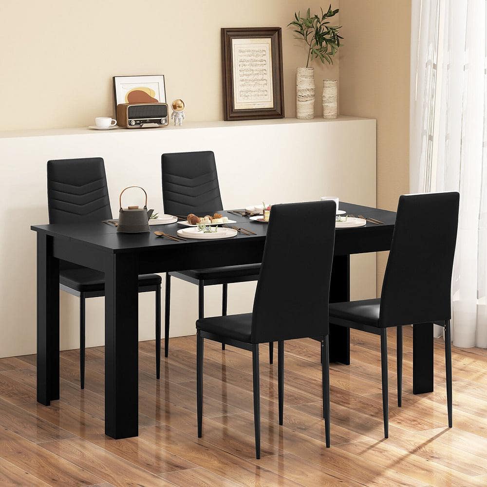 Gymax 5-Piece Modern Rectangular Black Wood Top Kitchen Table Set with ...