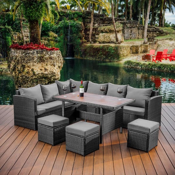 HEARTH HARBOR 7 Piece Gray Wicker Patio Outdoor Dining Sofa Set Sectional Dining Table with Grey Cushions NB PFW DG 7 CG GR The Home Depot