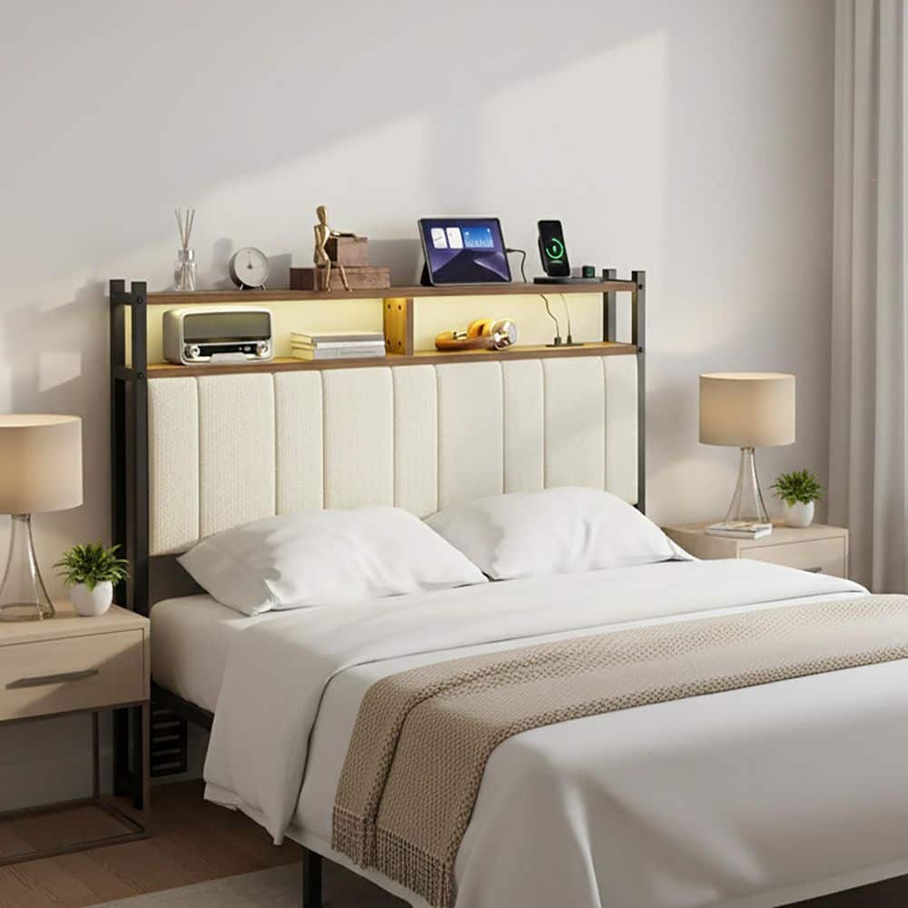 PINMOCO Beige Full Linen Upholstered Storage Headboard LED Headboard ...