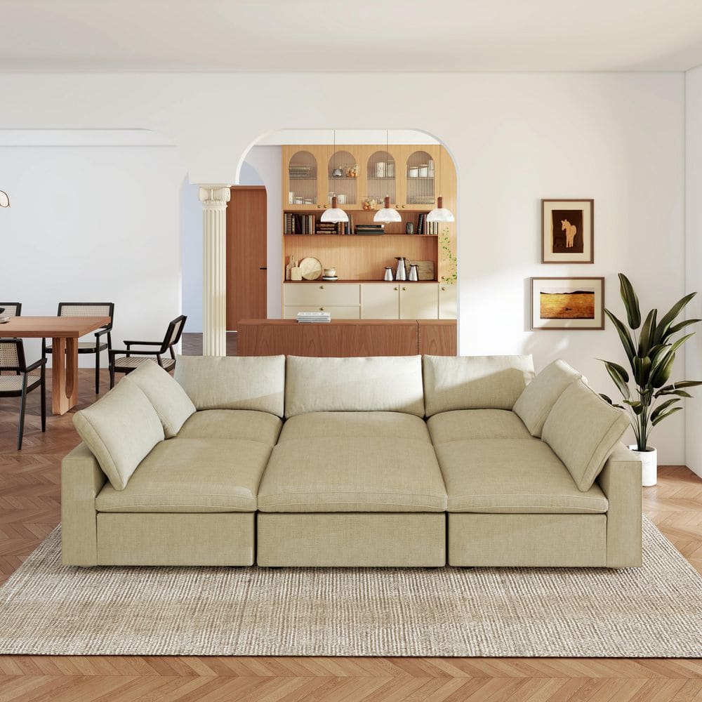 Magic Home 118 in. Modular Khaki Linen Queen Size 5-Seat Convertible Sleeper Cloud Sofa Bed with ...
