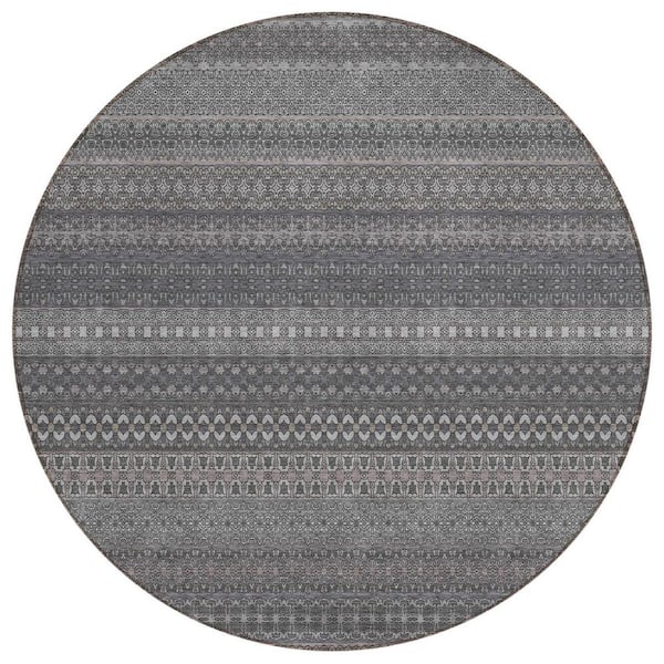 HomeRoots Gray 8 ft. Round Woven Striped Polyester Round Indoor/Outdoor ...