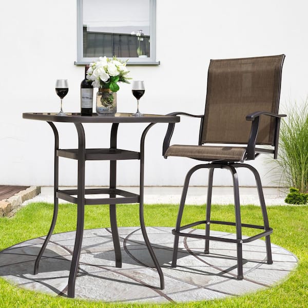 Nuu Garden Brown 5 Piece Metal Patio Outdoor Bar Set with High Swivel Bistro Chairs and Square Table SID137J 4