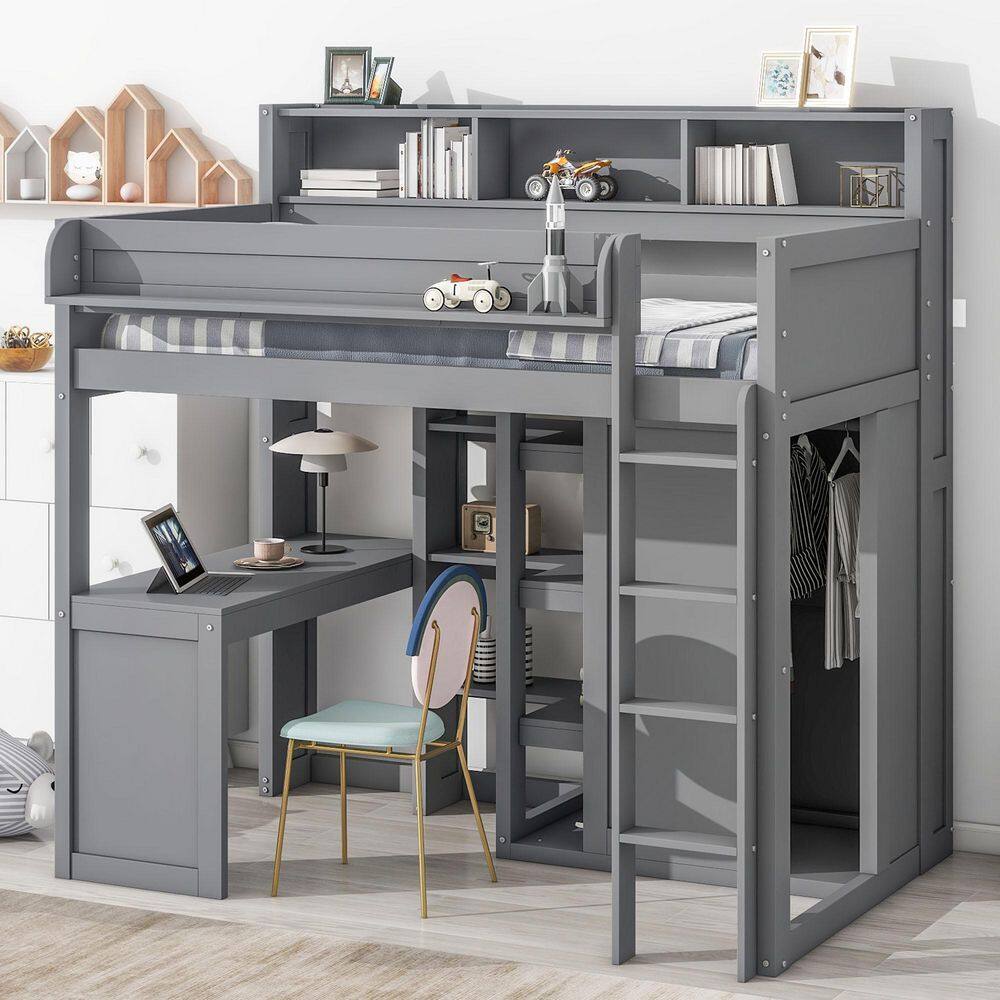 Polibi Wood Twin Size Loft bed with Multiple Storage Shelves and Wardrobe, Gray RS-88305AAEW ...