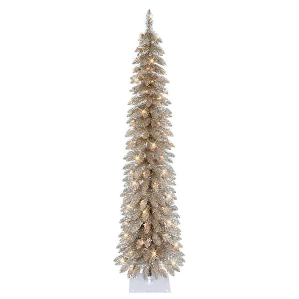 Puleo International 6 ft. Pre-Lit Alpine Rose Gold Pencil Artificial ...