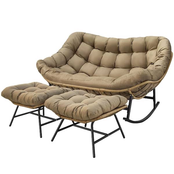 Double Wicker Outdoor Rocking Chair Loveseat Oversized 2-Person Patio ...