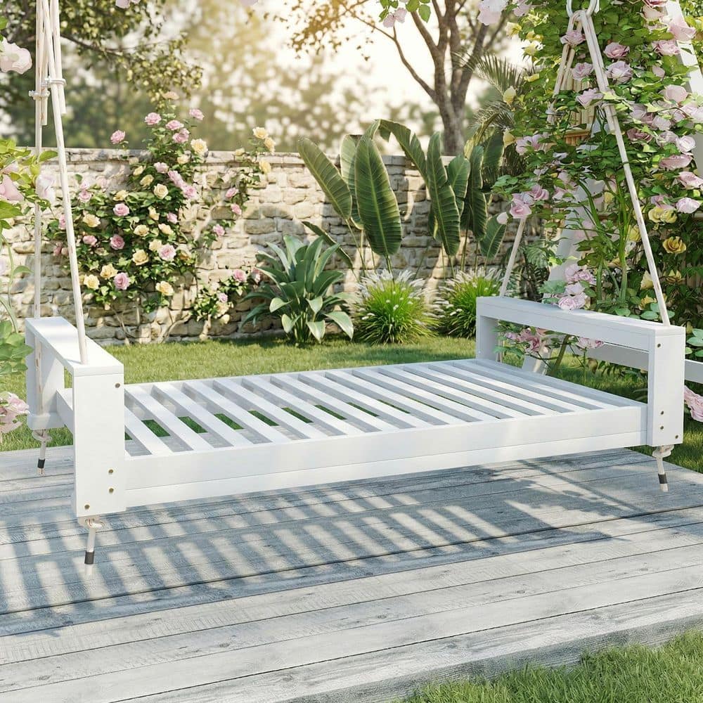 Ama pear 2-Person White Acacia Wood Porch Swing Bed, Twin Size Patio ...