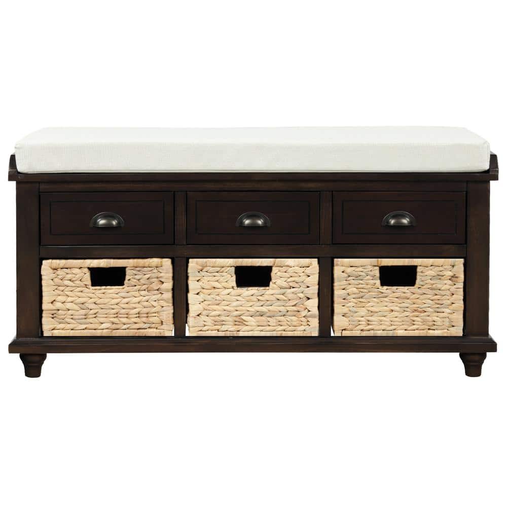 Qualler Brown Rustic Storage Bench with 3-Drawers and 3-Rattan Baskets ...