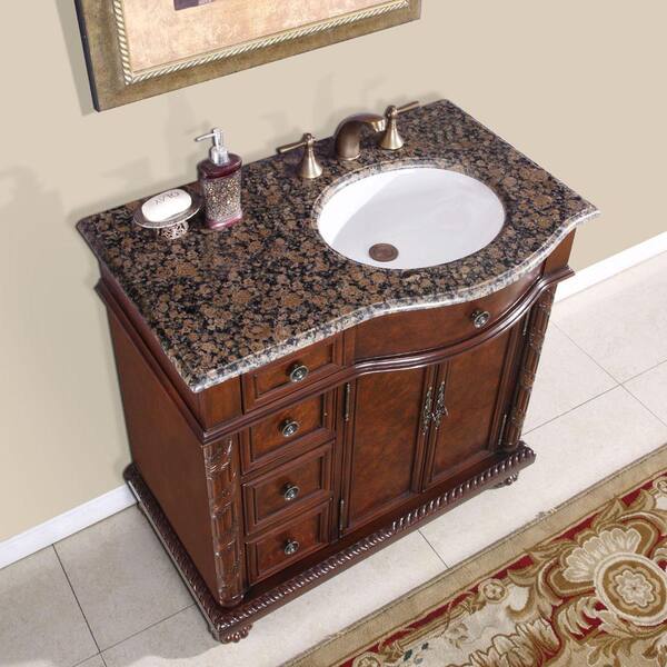 36 in. W x 22 in. D Vanity in English Chestnut with Granite Vanity Top in Baltic Brown with White Basin