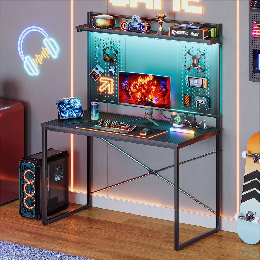 Bestier 40 W Computer Desk with Hutch Power Outlet RGB LED Lights and Pegboard Black