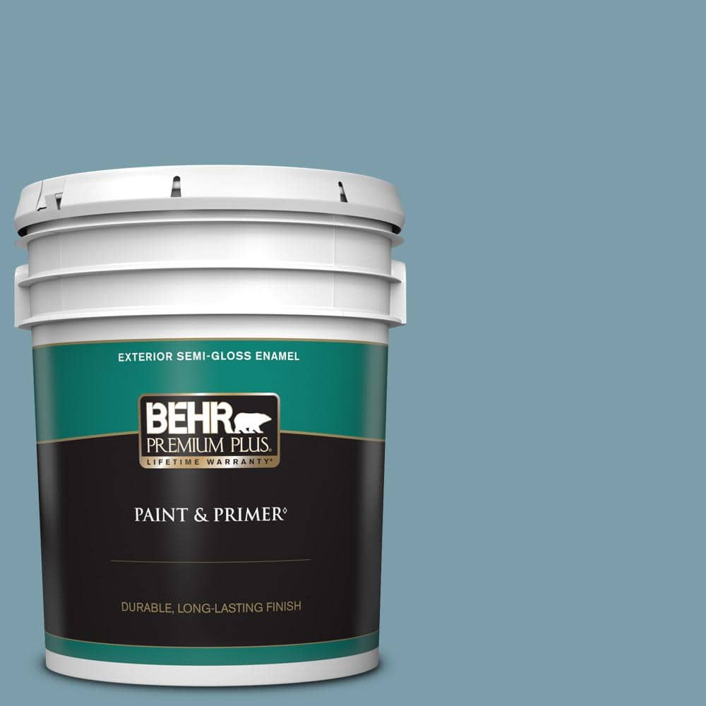BEHR PREMIUM PLUS 5 gal. #S470-4 Dolphin Blue Semi-Gloss Enamel ...