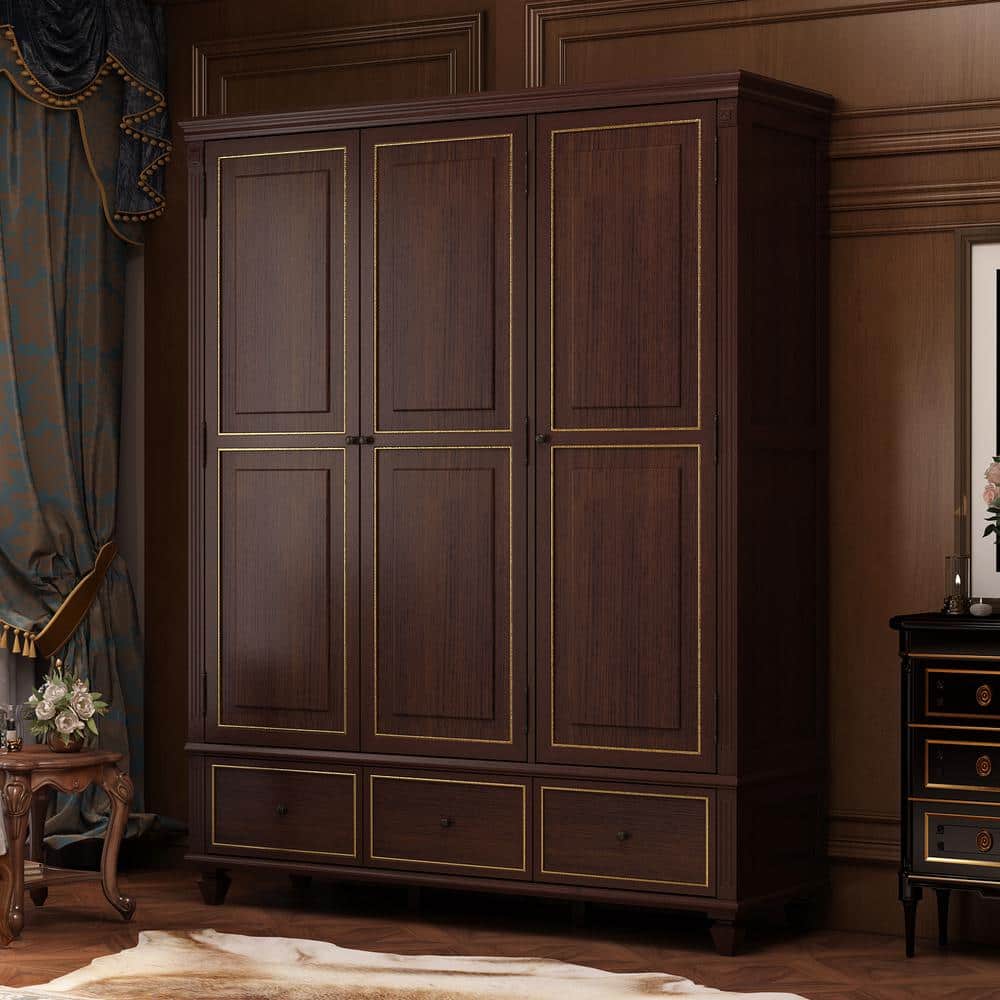 FUFU GAGA Brown 3 Door Big Wardrobe Armoires with Hanging Rod 3 Drawers Storage Shelves 78.7 in. H x 63 in. W x 18.9 in. D KF390017 01 The Home