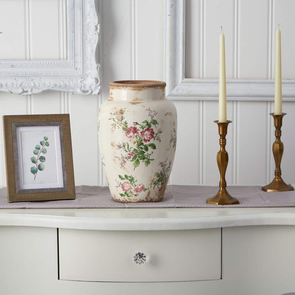 Nearly Natural 12.5 in. Tuscan Ceramic Floral Print Vase 0721-S1 - The ...