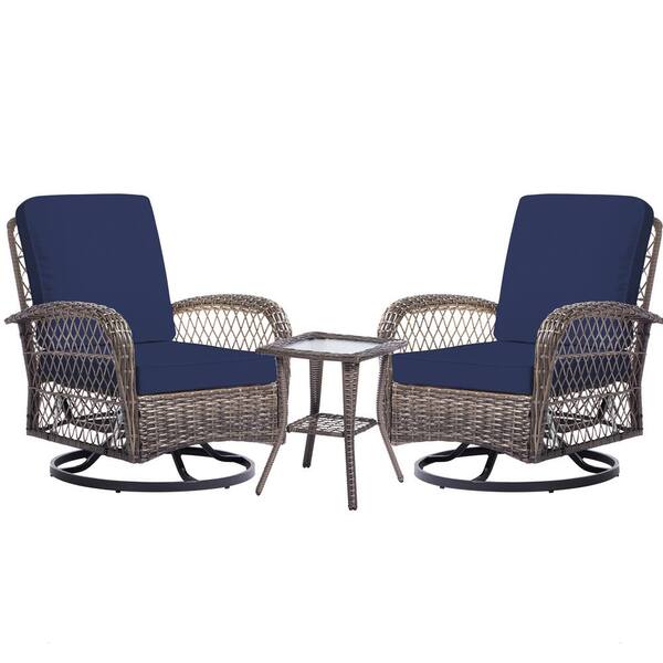 JEAREY 3-Piece Navy Wicker Patio Comfortable Conversation Set with Navy ...