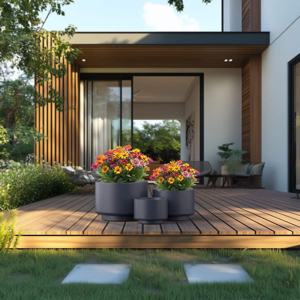 Sapcrete 10 in., 13 in., 16 in. Granite Gray(Enhanced Core) Concrete Round Planter / Pot with ...