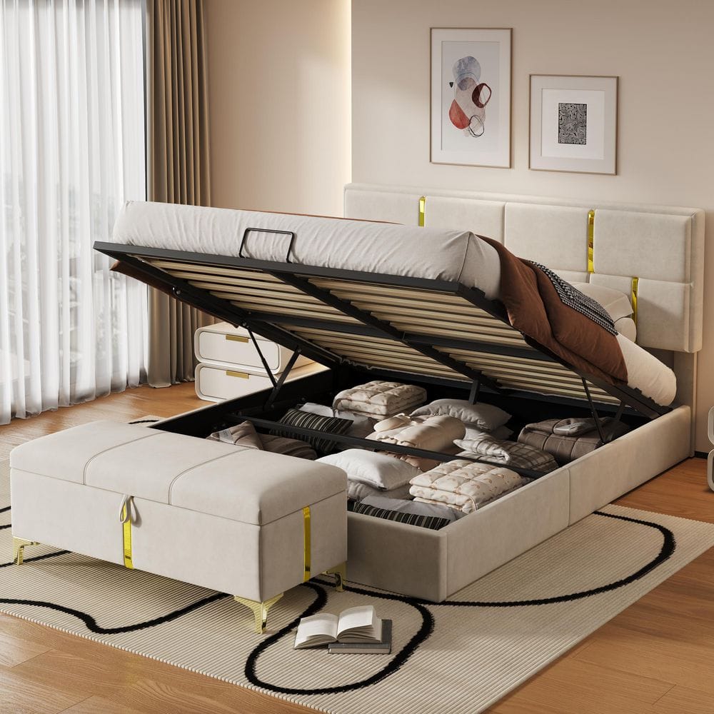 Harper & Bright Designs 2-Piece Beige Wood Queen Size Bedroom Set with ...