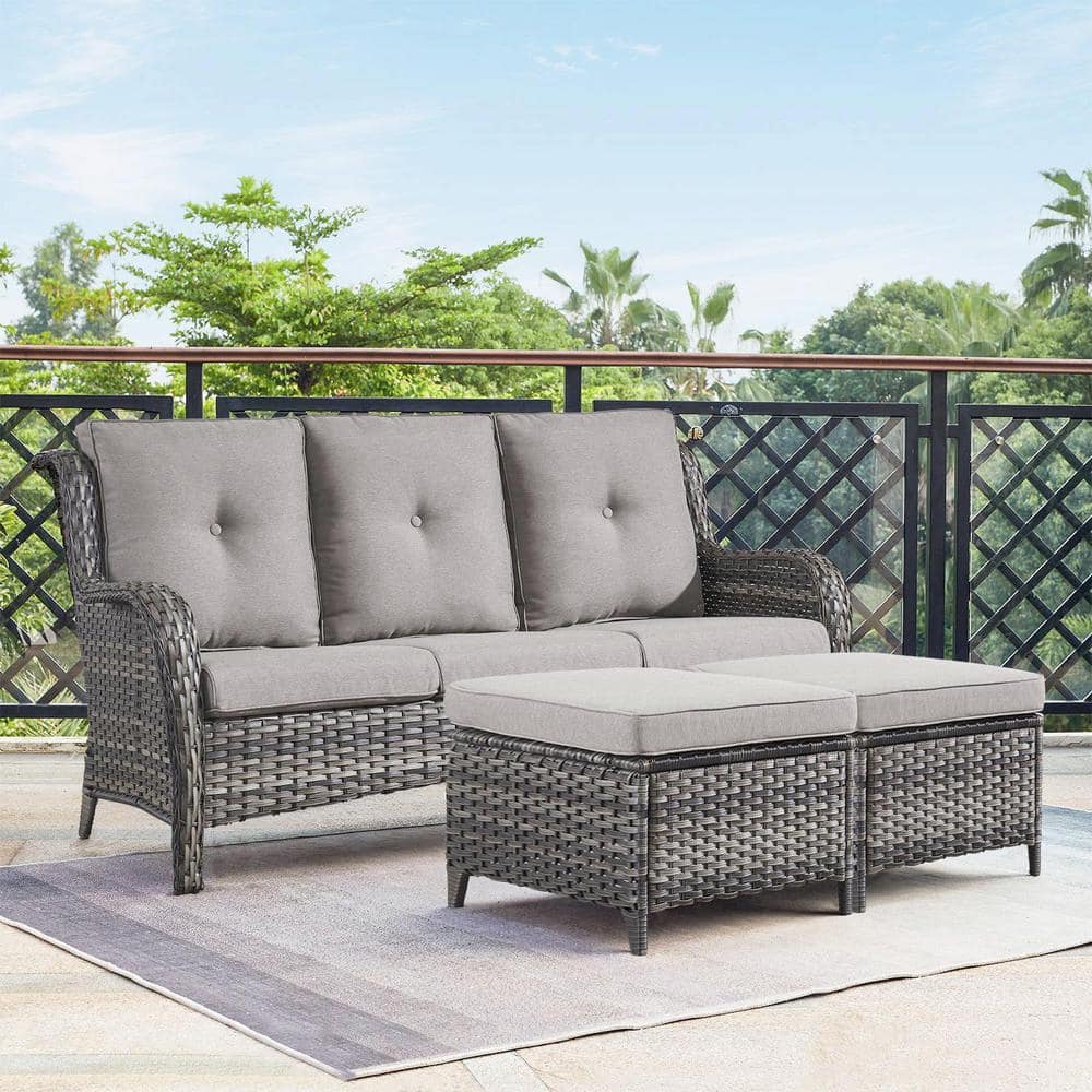 Gymojoy Carolina Gray 3-Piece Wicker Outdoor Couch with Gray Cushions ...