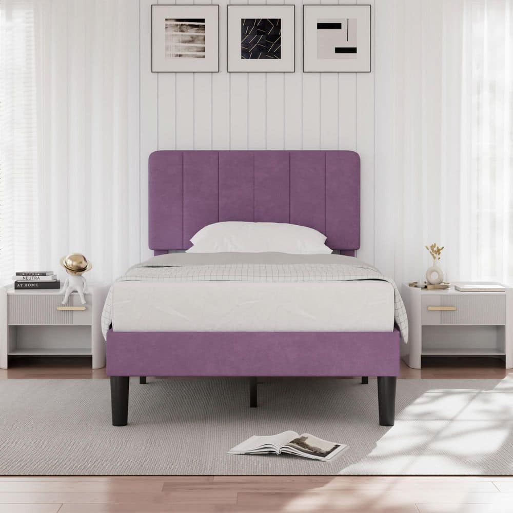VECELO Upholstered Bed Frame Purple Metal Frame Twin Size Platform Bed with Velvet Adjustable ...