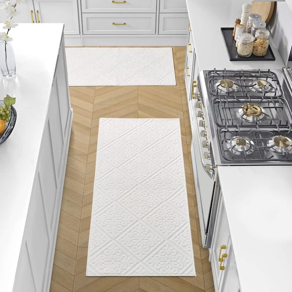 Laura Ashley Austell Solid White 2 ft. x 5 ft. Geometric 2-Piece Rug ...
