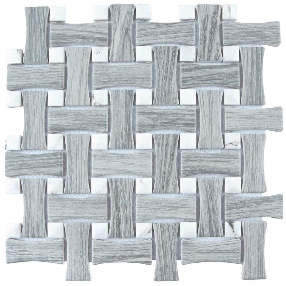 Merola Tile Llama Dog Bone Basketweave Silver Smoke/Calacatta Dot 6 in ...