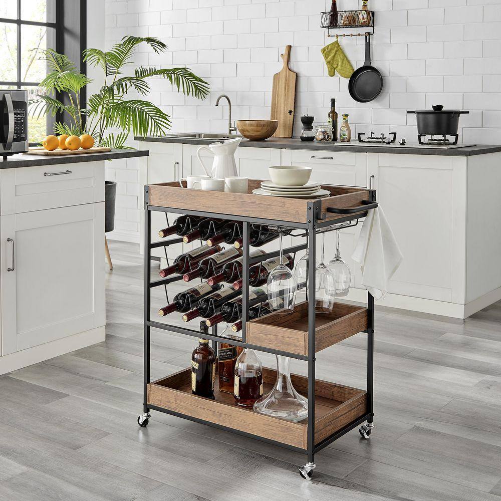 DANYA B Rustic Walnut Veneer and Metal Rolling Farmhouse Wine Bar Cart ...
