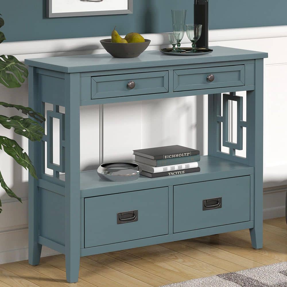 Noble House Inigo Farmhouse 36 in. Blue Rectangle Wood Console Table ...