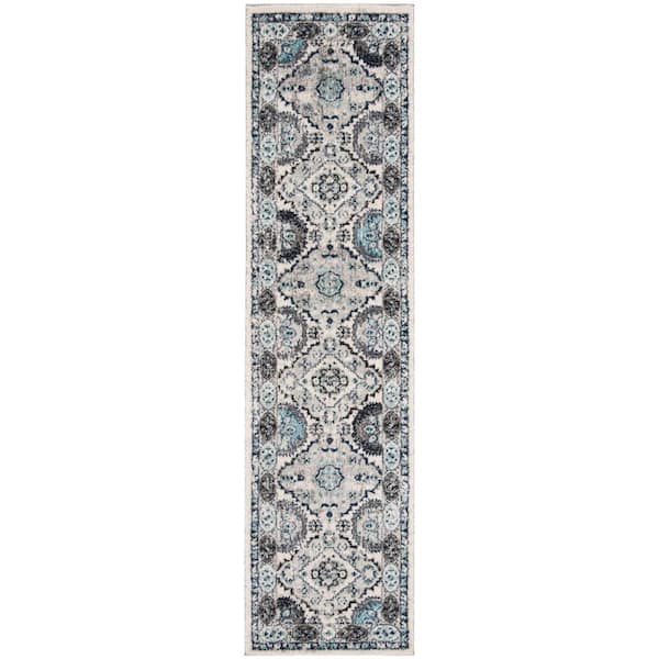 SAFAVIEH Madison Light Gray/Blue 2 ft. x 8 ft. Floral Distressed Runner ...