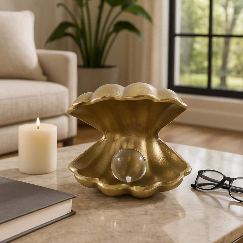 Liv & Skye Gold 4.75 in. 4.5 in. Metal Clam With Acrylic Pearl Figurine ...